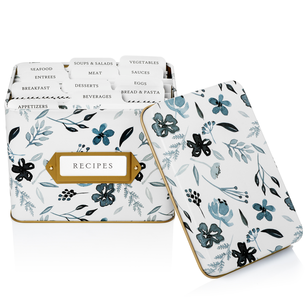 Recipe Tin Kit - Indigo Floral Tin, Recipe Cards, Classic Dividers ...